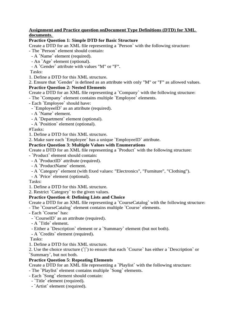 Assignment and Practice questionsOnDTD25 | PDF | Xml | World Wide Web Consortium