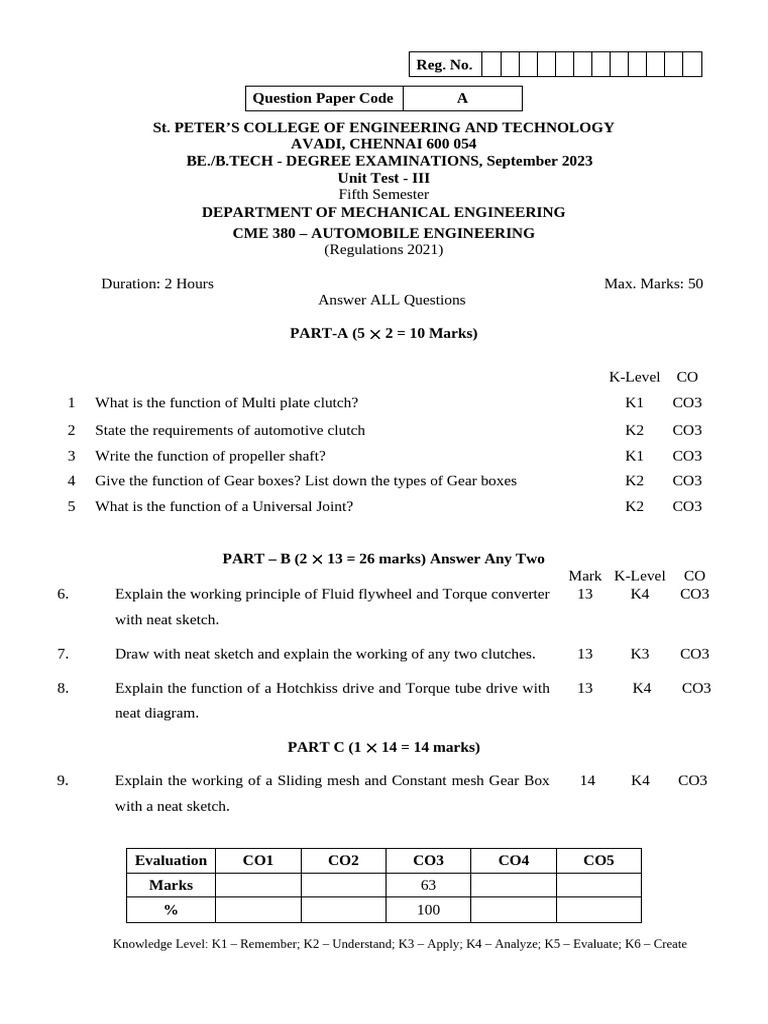 Automobile Engineering QP - UNIT III | PDF | Vehicle Technology | Mechanical Engineering