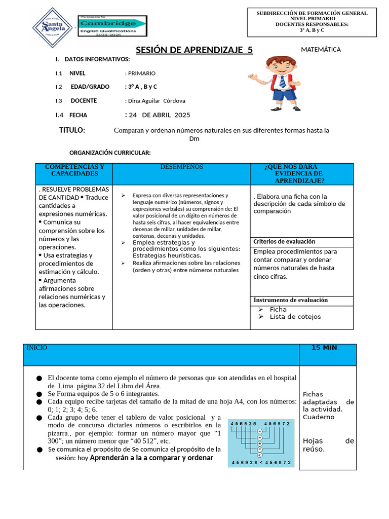 Matematica Sesión 5 Comparamos Numeros Hasta 99 999 | PDF | Cognición | Aprendizaje