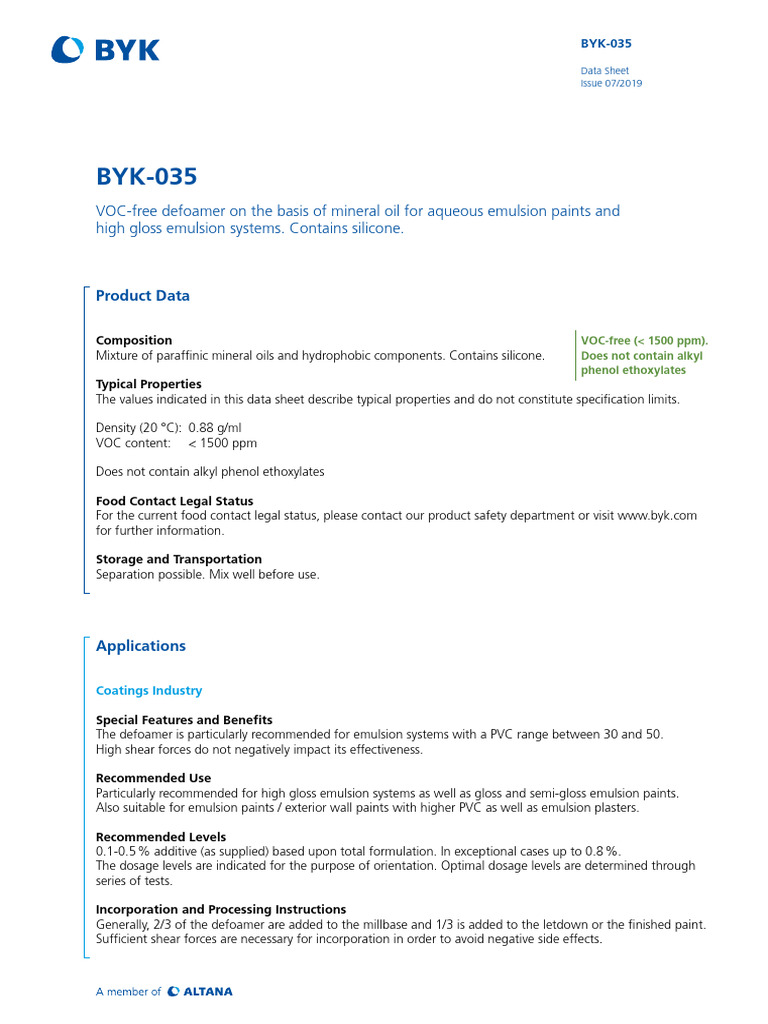 BYK-035 - Defomer (Mineral Oils) For AC | PDF | Soft Matter | Surface Science