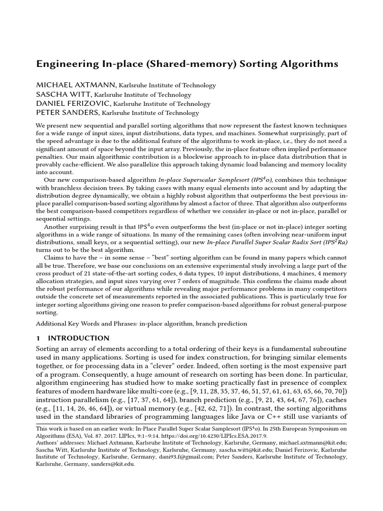 Engineering In-Place (Shared-Memory) Sorting Algorithms: Michael Axtmann, Sascha Witt, Daniel ...