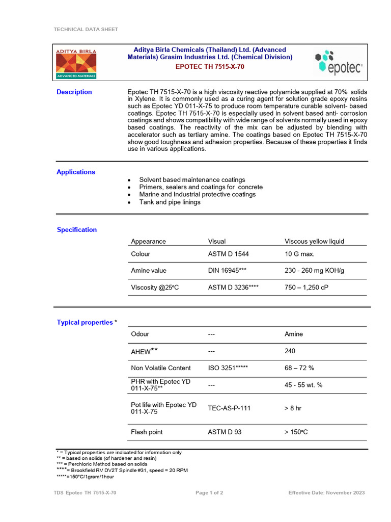 Epotec TH 7515-X-70 Polyamide Hardener | PDF | Epoxy | Materials