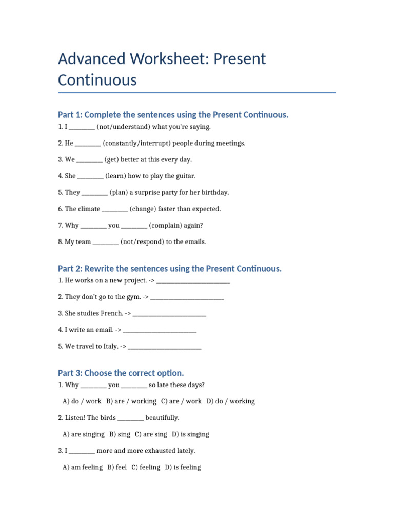 Advanced Present Continuous Worksheet | PDF