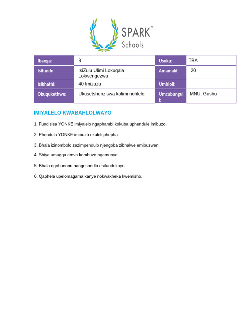 IsiZulu FAL Grade 9 Randburg Formative Assessment 4 | PDF