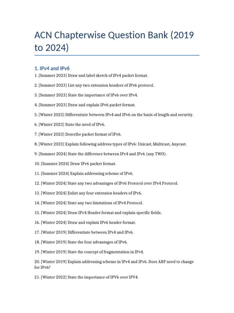ACN Chapterwise Questions 2019 To 2024 | PDF | I Pv6 | Ip Address