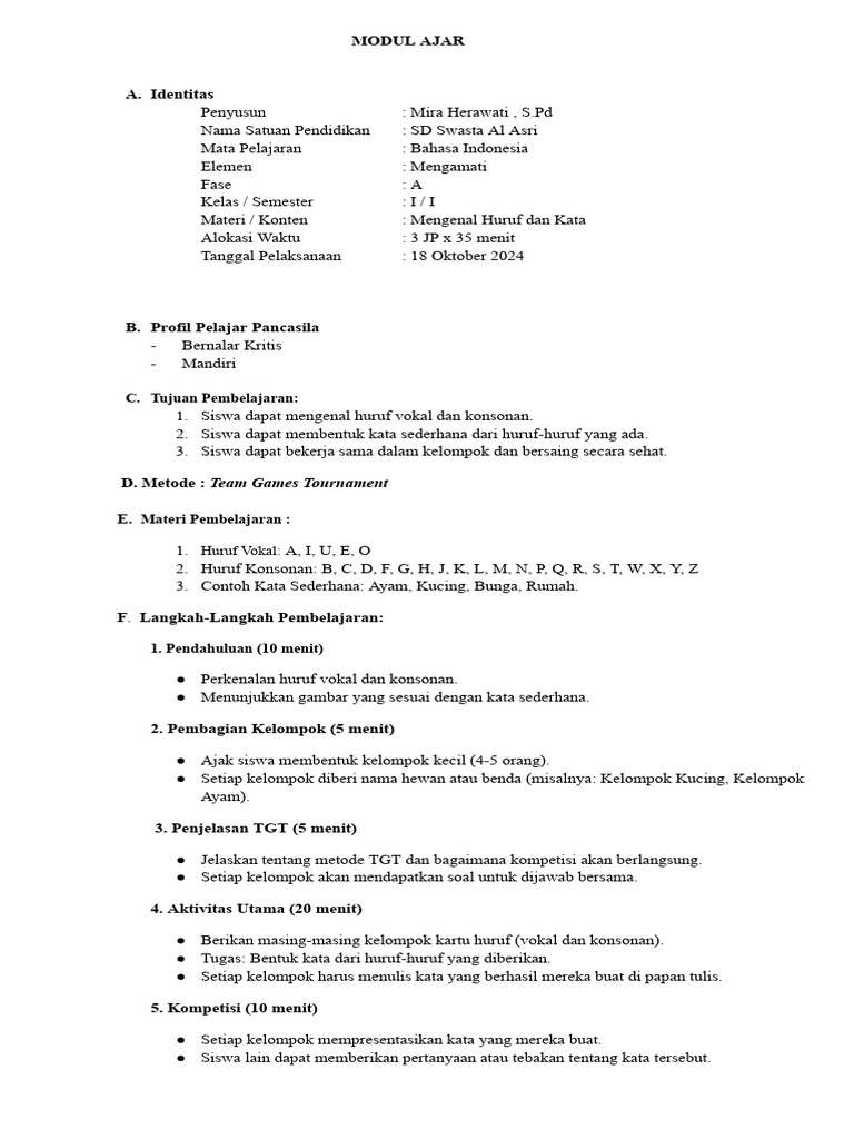 MODUL AJAR Kelas 1 SD SM I Metode TGT. | PDF
