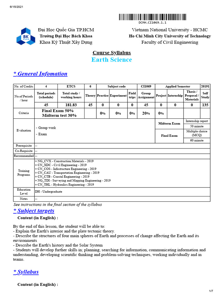 Syllabus CI1069 EarthScience | PDF | Earth Sciences | Earth