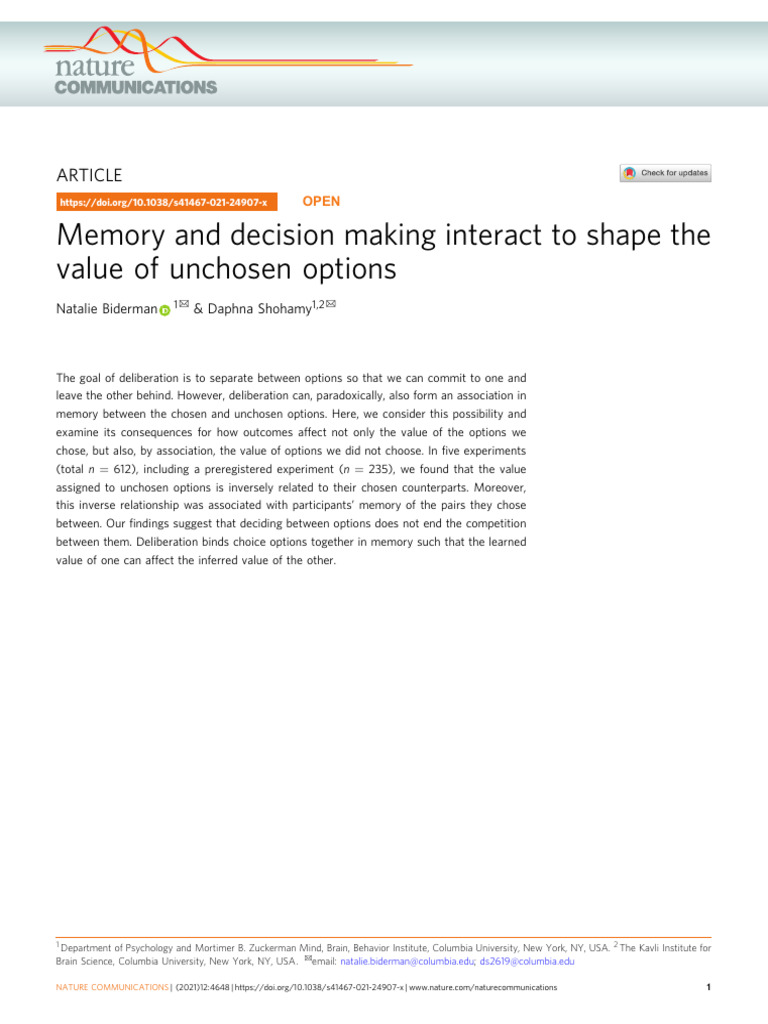 Memory and Decision Making Interact To Shape The Value of Unchosen ...
