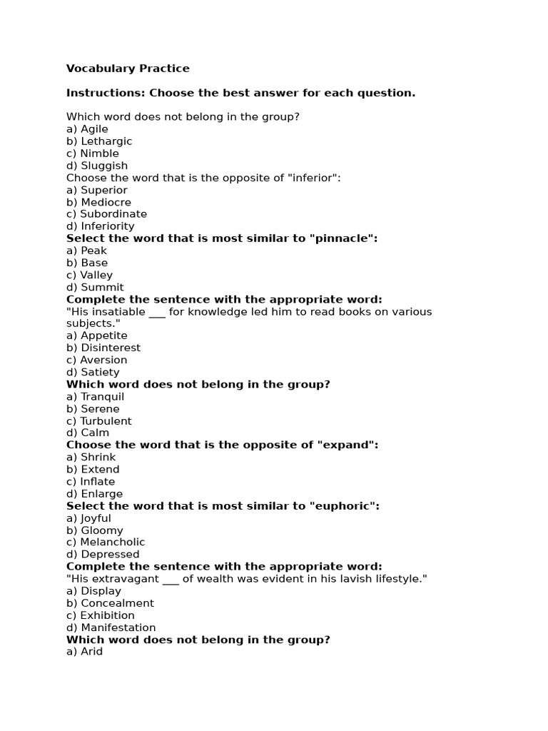 Vocabulary Practice Questions | PDF
