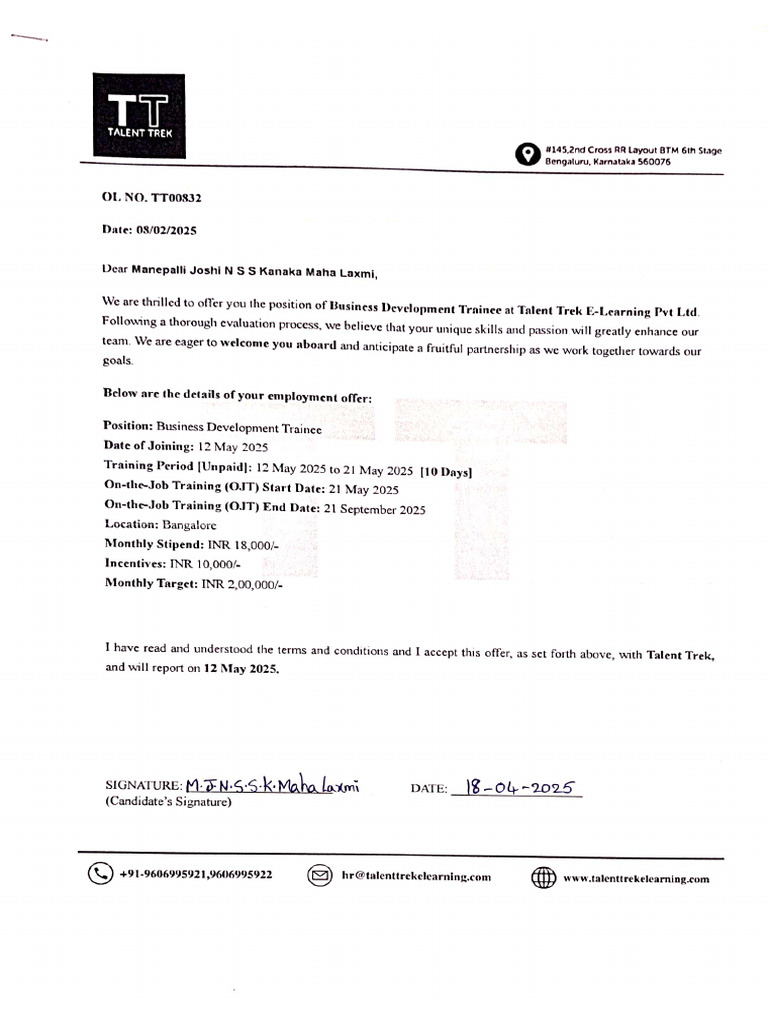 Joshi Talent Trek Offer Letter | PDF
