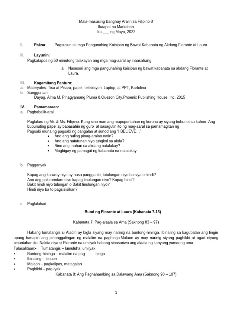 W3-L1 Buod Ng Florante at Laura (Kabanata 7-12 f | PDF