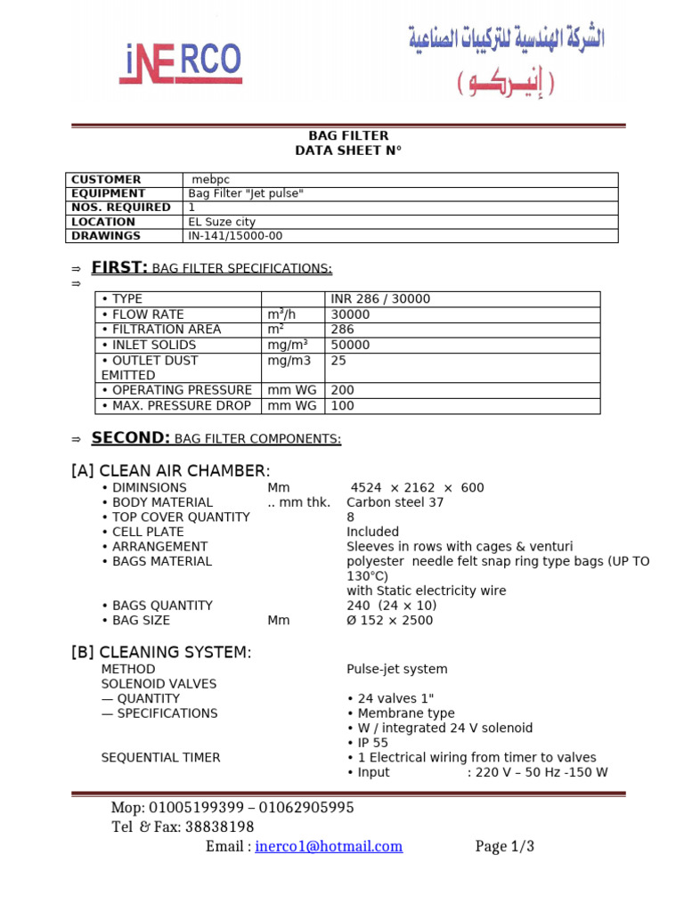 Jet Pulse Bag Filter Specifications | PDF | Mechanical Engineering ...