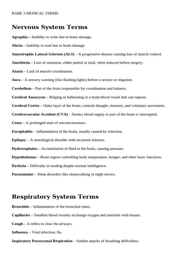 Key Medical Terms by Body System | PDF | Blood Vessel | Brain