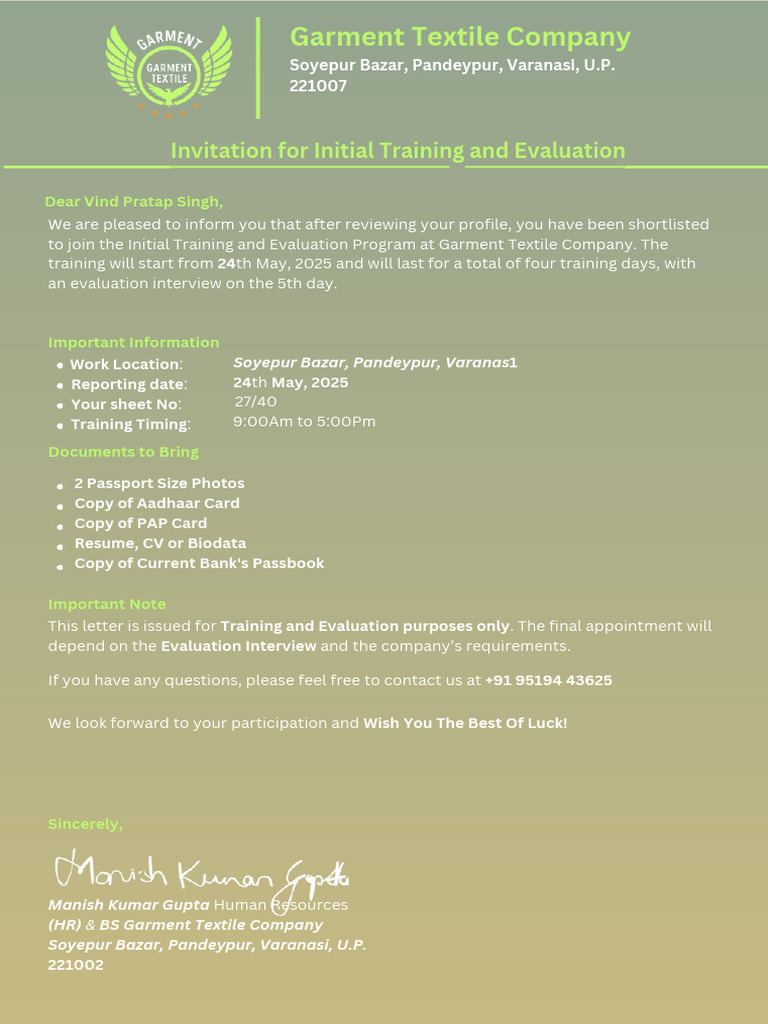 Training Letter | PDF