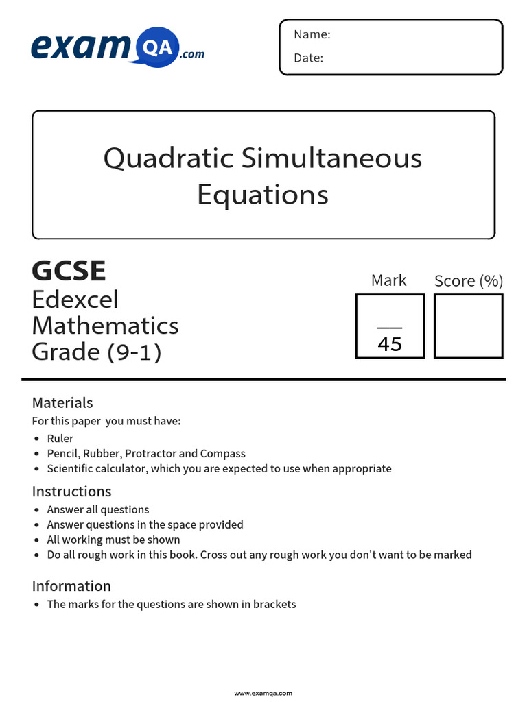 GCSE Quadratic Simultaneous Equations Solutions | PDF | Mathematics ...
