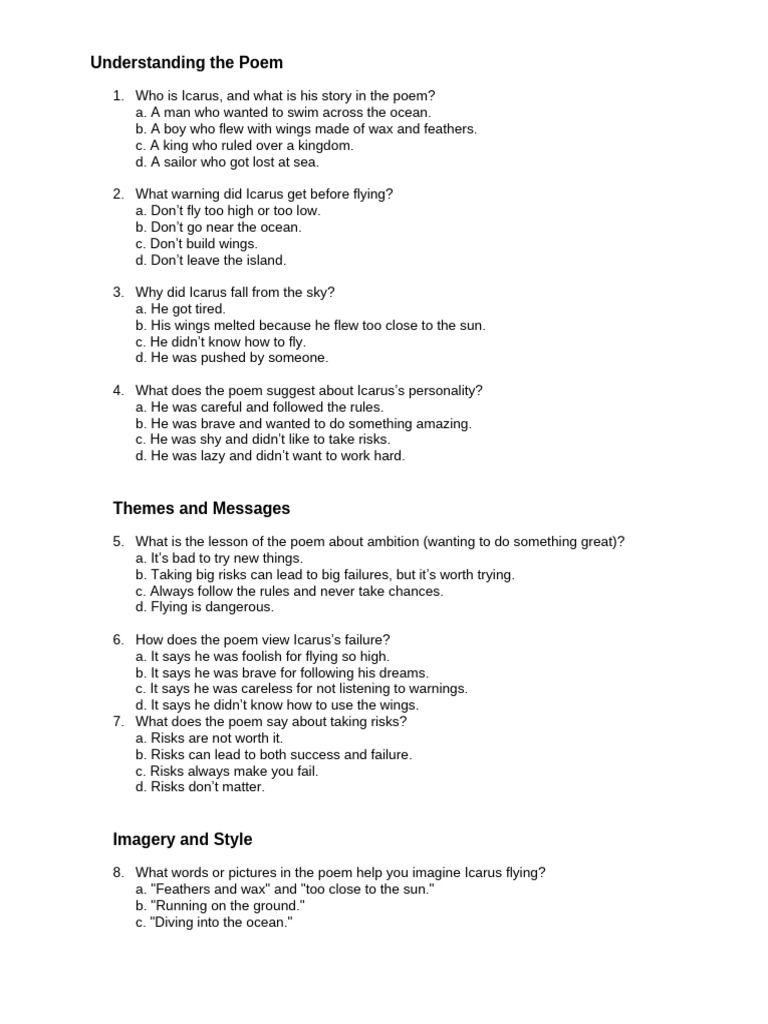 Icarus by Wendy Shaffer Multiple Choice Comprehension Questions | PDF