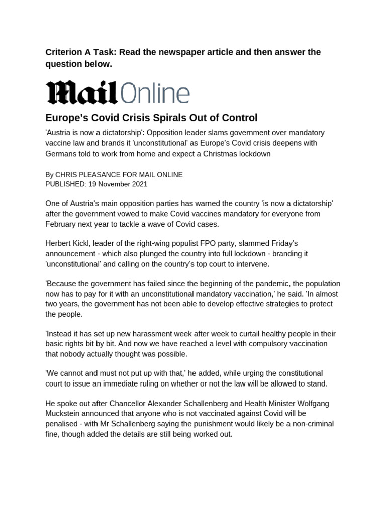 Newspaper Article 3 Europe's Covid Crisis | PDF | Syntax | Grammar