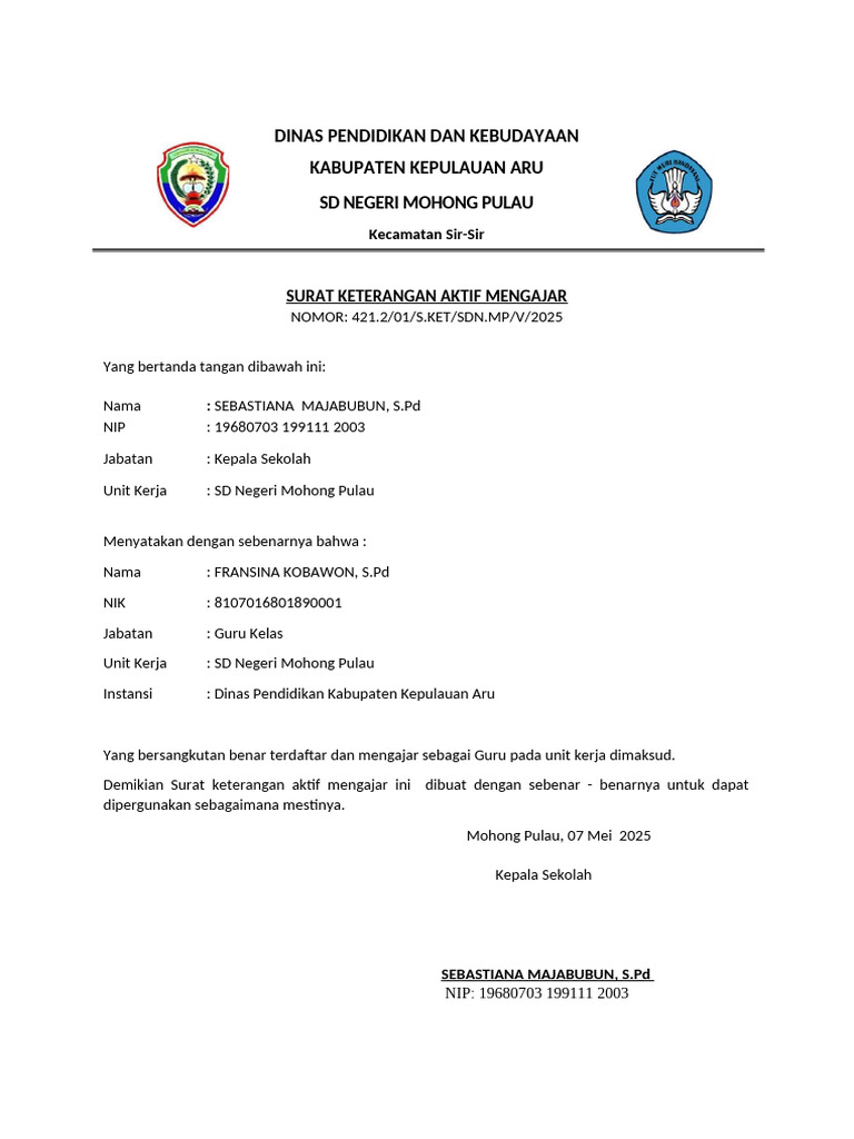 Surat aktf mengajar Fransina | PDF