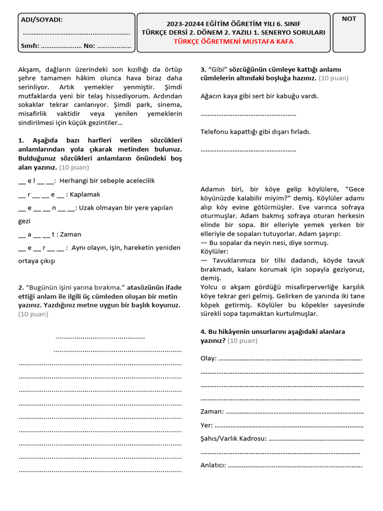 Sinif Turkce 2.donem 2.yazili Sorulari | PDF