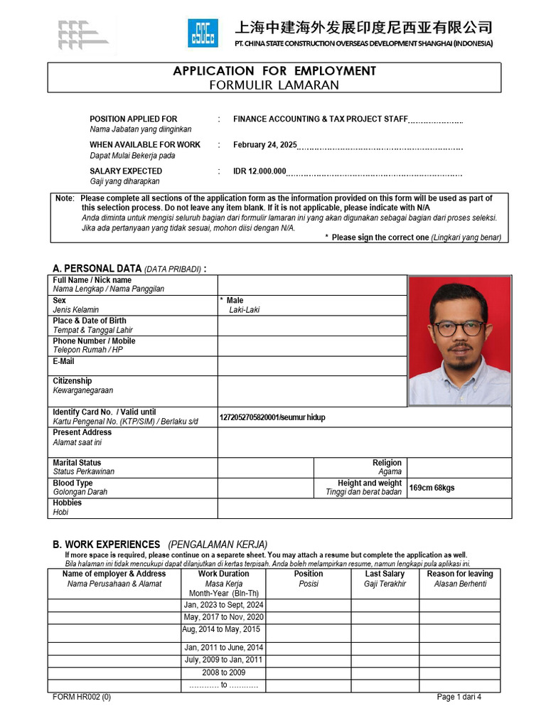 Applicant Form - THUMBUR PUTRA PAN NABABAN | PDF | Indonesian Language
