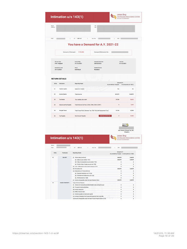 Intimation Under Section 143(1) of Income Tax Act – ITR Intimation Password | PDF