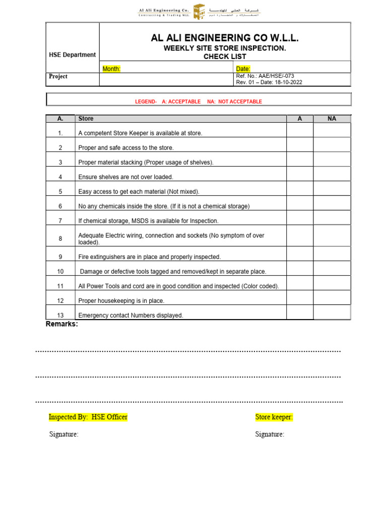 AE-HSE-FM-063 - Store Inspection Checklist | PDF