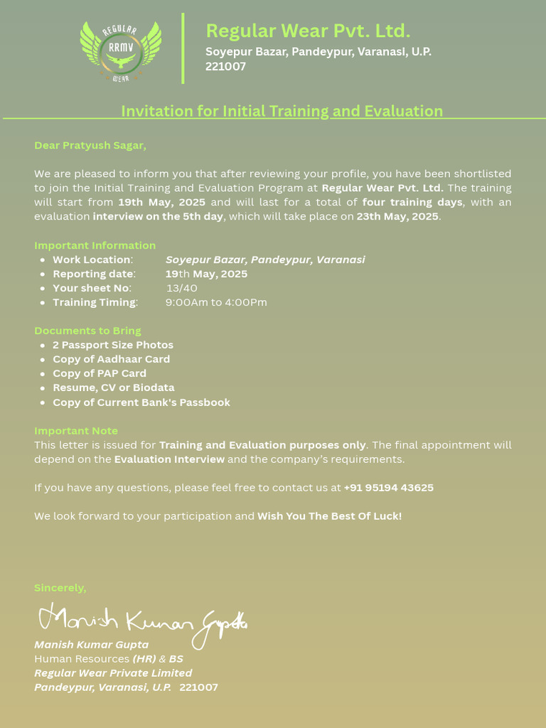 Pratyush Sagar Training Letter | PDF