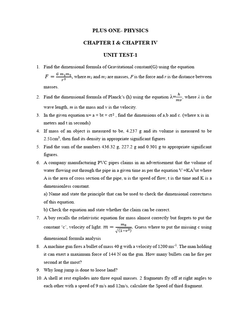 Plus One Physics Model Test | PDF | Physical Quantities | Physical ...