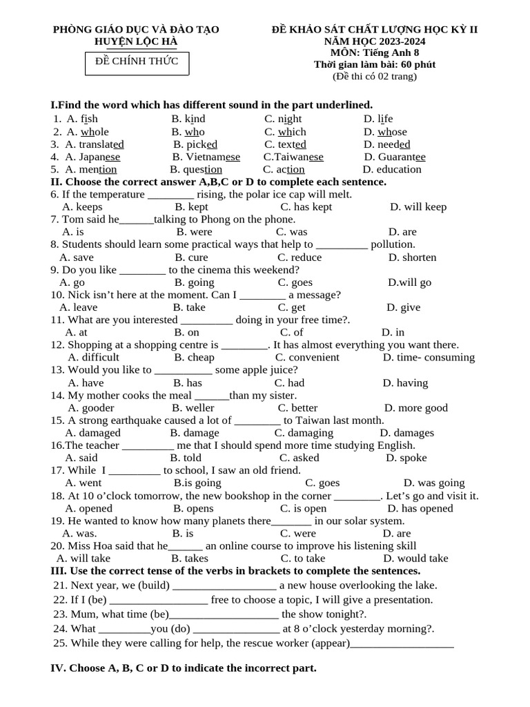 De Thi Cuoi Ky Ii Anh 8 in | PDF | Natural Environment