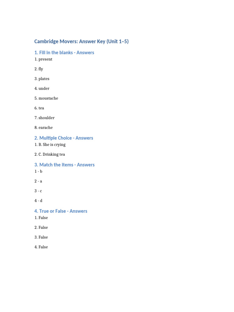 Cambridge Movers Answer Key | PDF