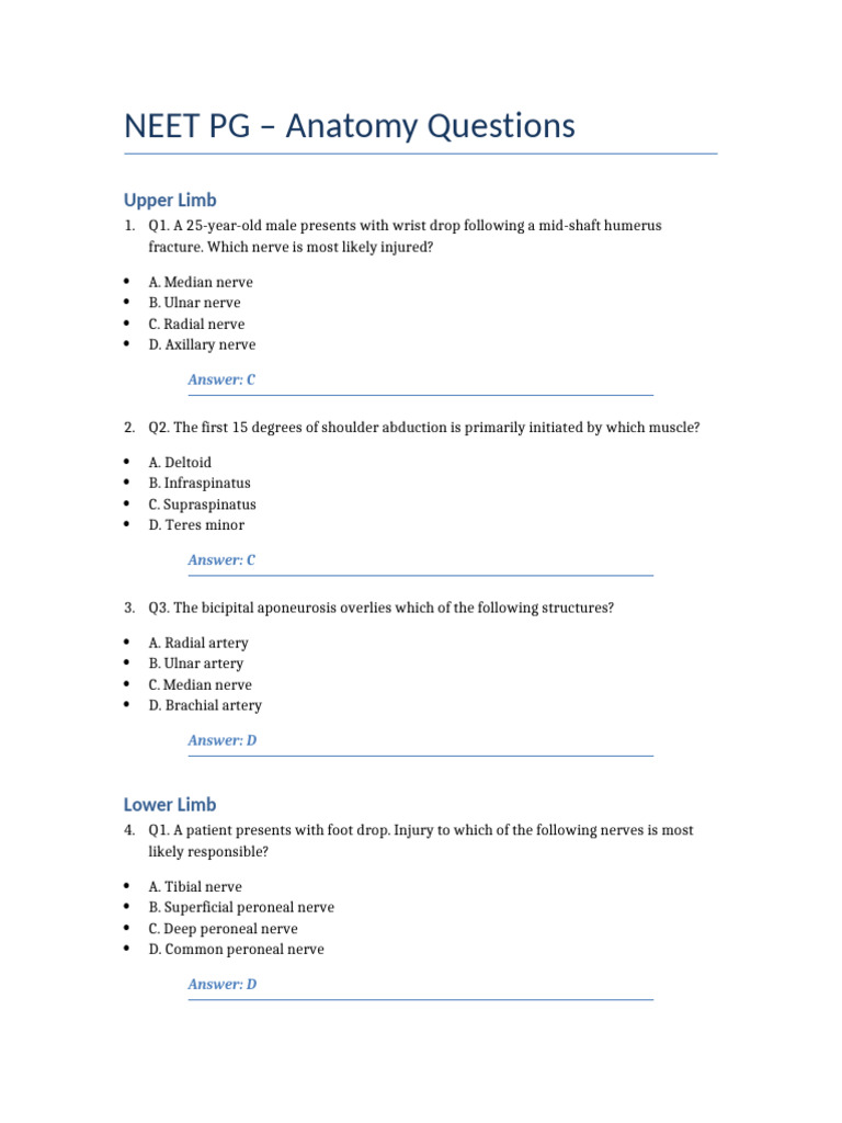 NEET PG Anatomy Question Bank | PDF | Human Anatomy | Musculoskeletal ...