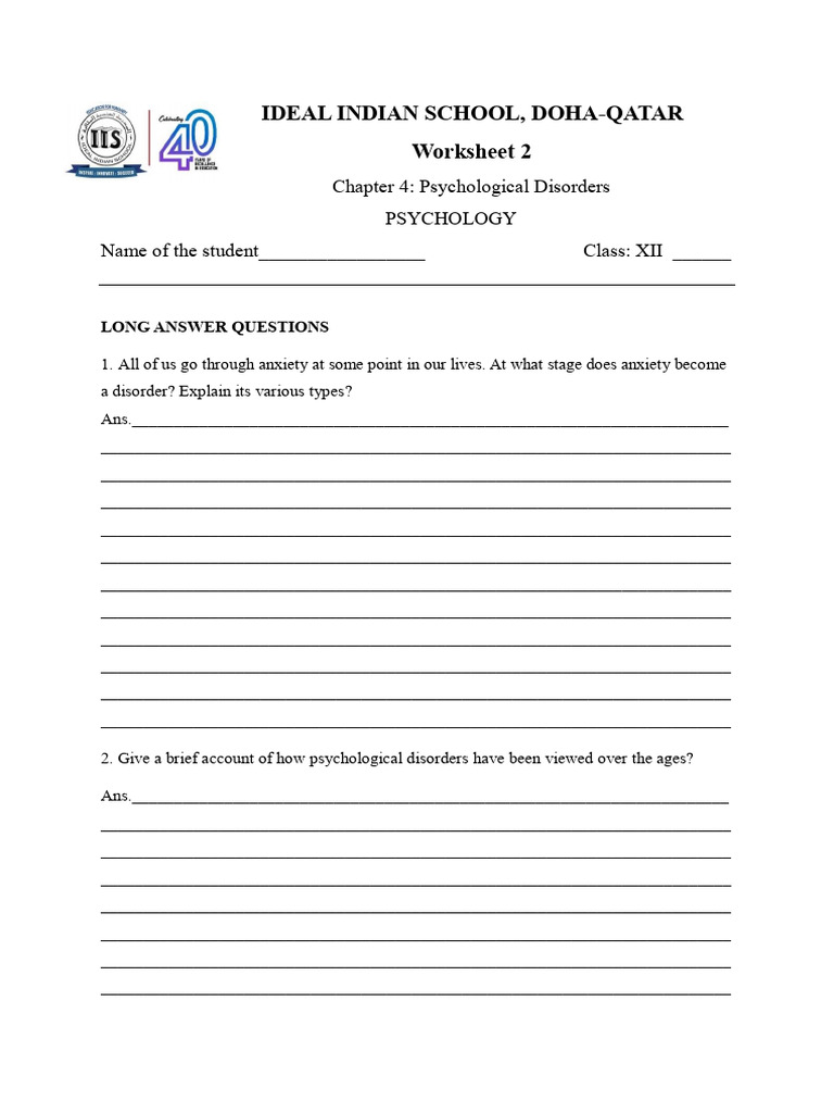 PSY XII Chap.4 Worksheet 2 | PDF | Social Inhibition | Mental Health