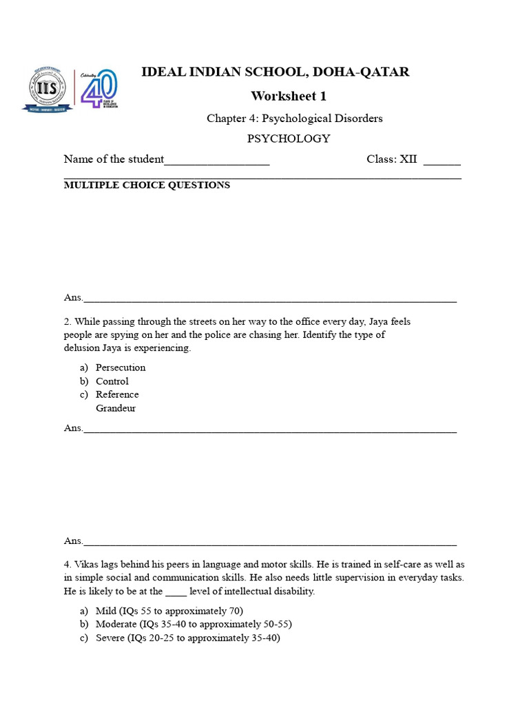 Psychological Disorders Worksheet for Class XII | PDF | Mental Disorder ...