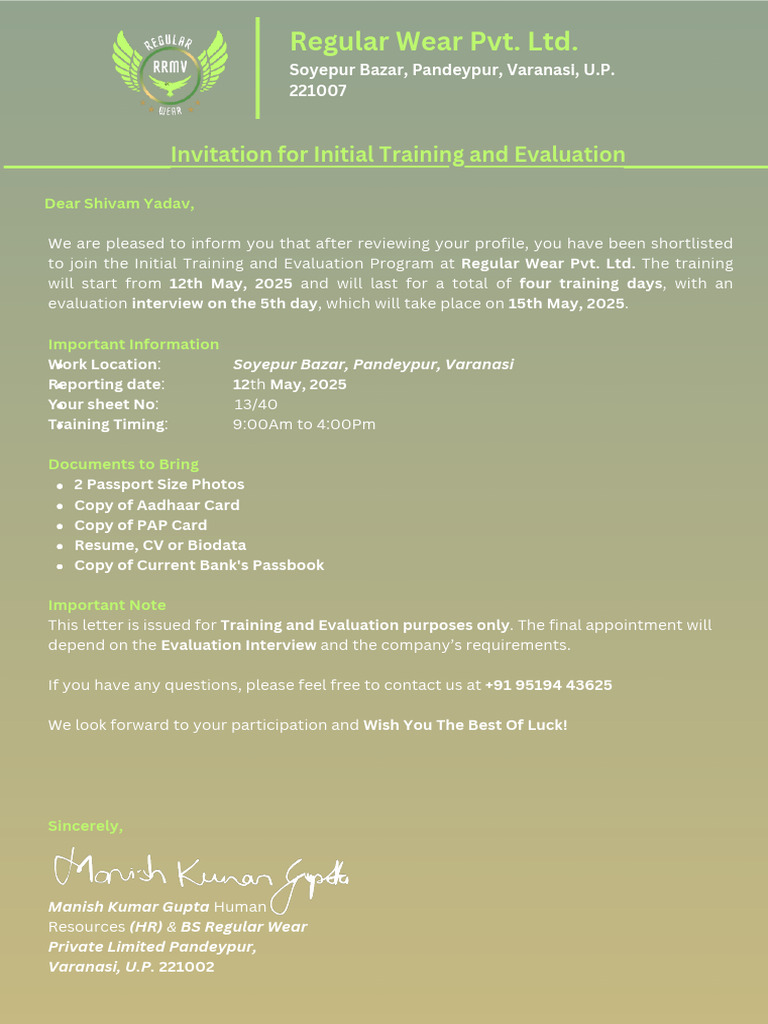 Shivam Yadav Training Letter | PDF