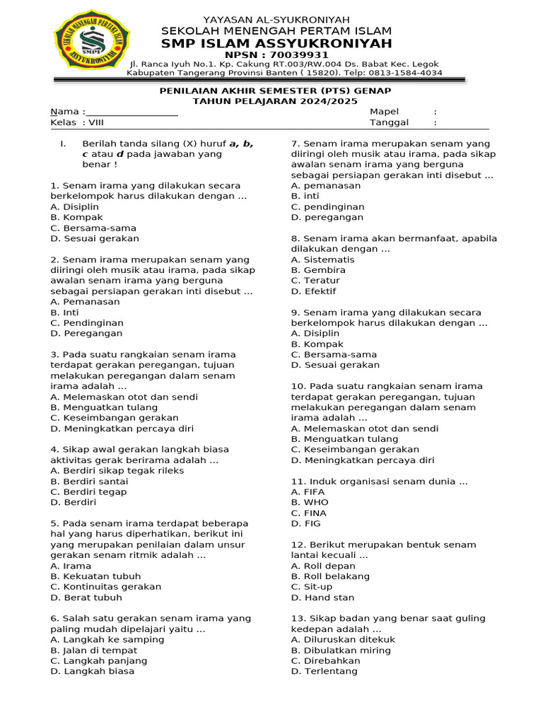 Soal PTS Kelas 8 Pjok Semester 2 | PDF