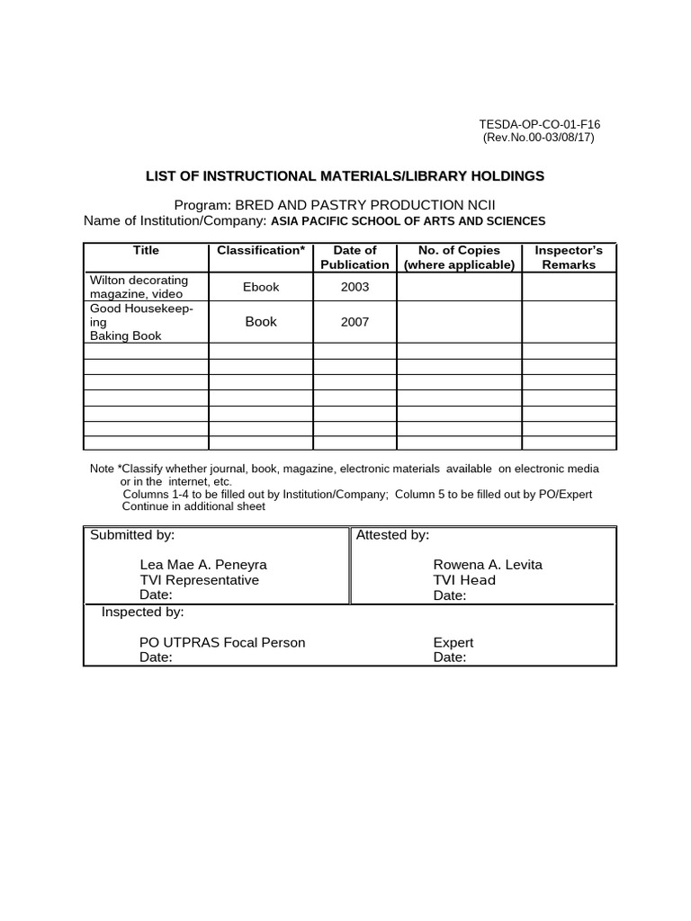 BPP-TESDA-OP-CO-01-F16 - LIST OF INSTRUCTIONAL MATERIALS and LIBRARY ...