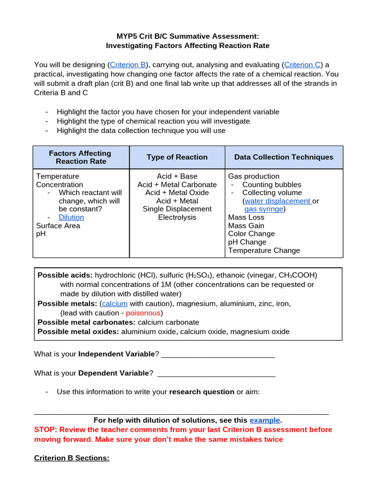 MYP5 Crit B - C Reaction Rates Summative | PDF | Chemical Reactions | Acid