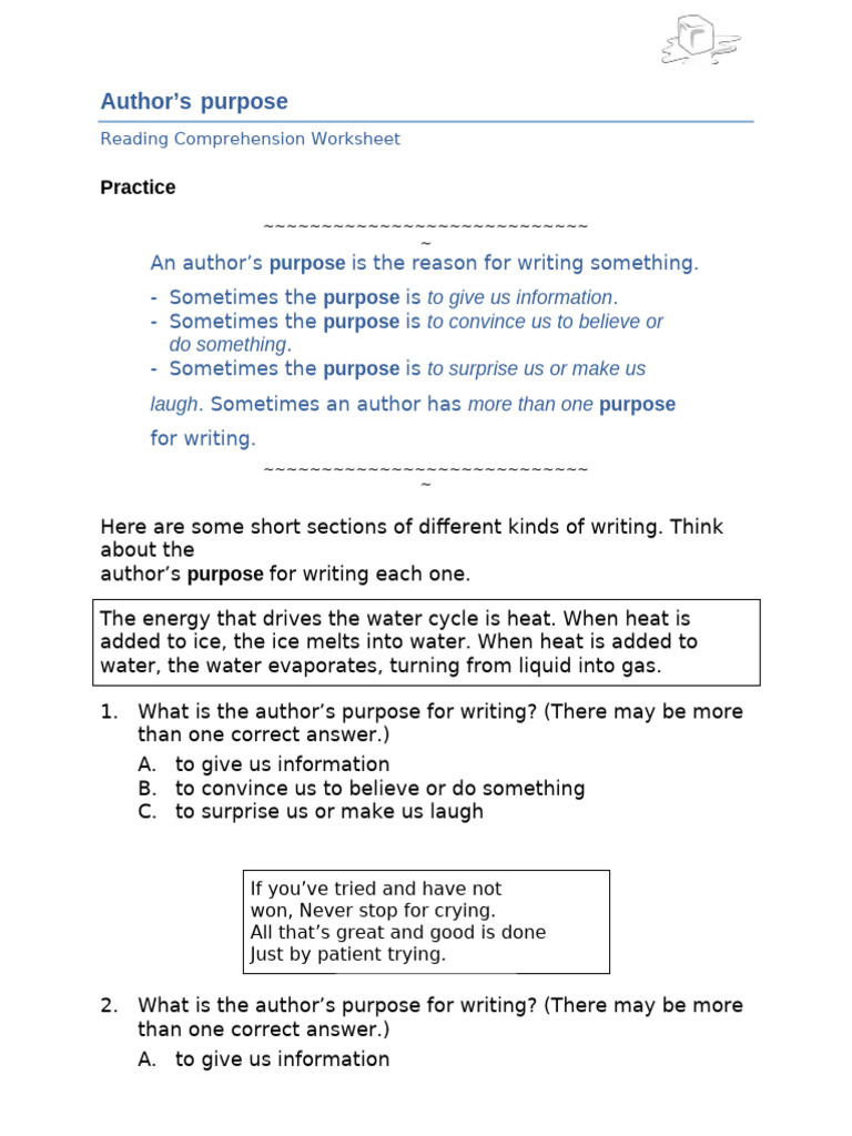 Author's Purpose Worksheet for Grade 4 | PDF