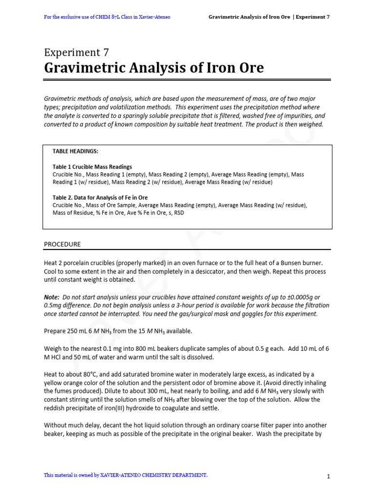 CHEM 87L Expt7 Gravimetric Analysis of Iron Ore PROCEDURE 2 | PDF ...