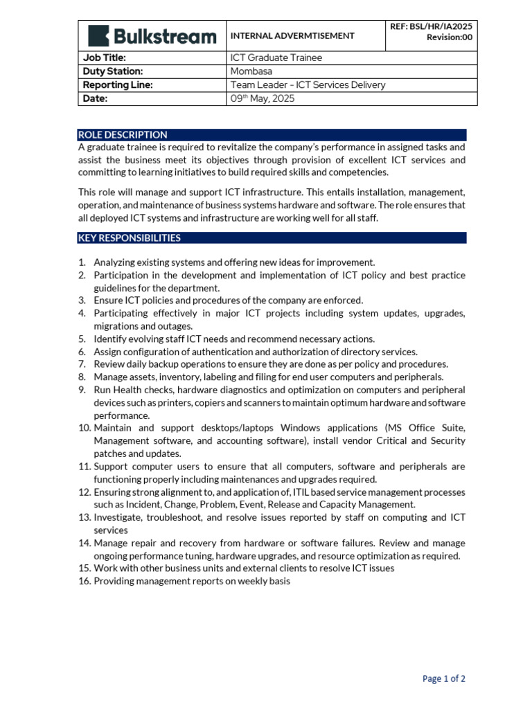 Job Advert-Graduatee Trainee ICT | PDF | Information And Communications ...