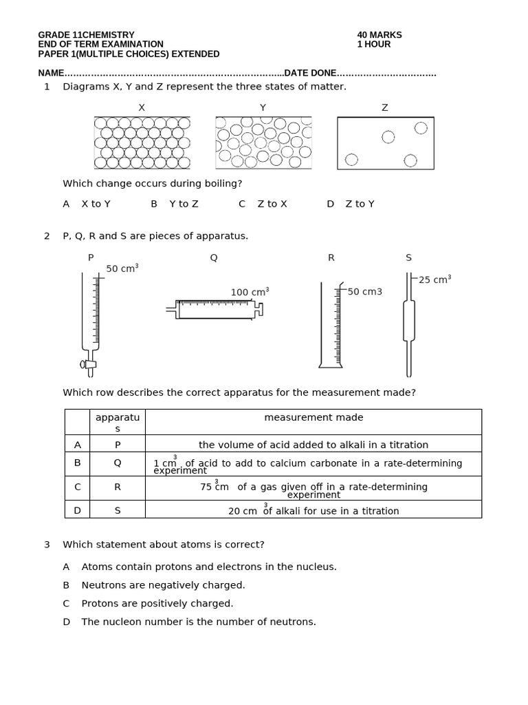GRADE 10 CHEMISTRY PP2 (Multiple Choices) | PDF | Chemical Reactions | Atoms