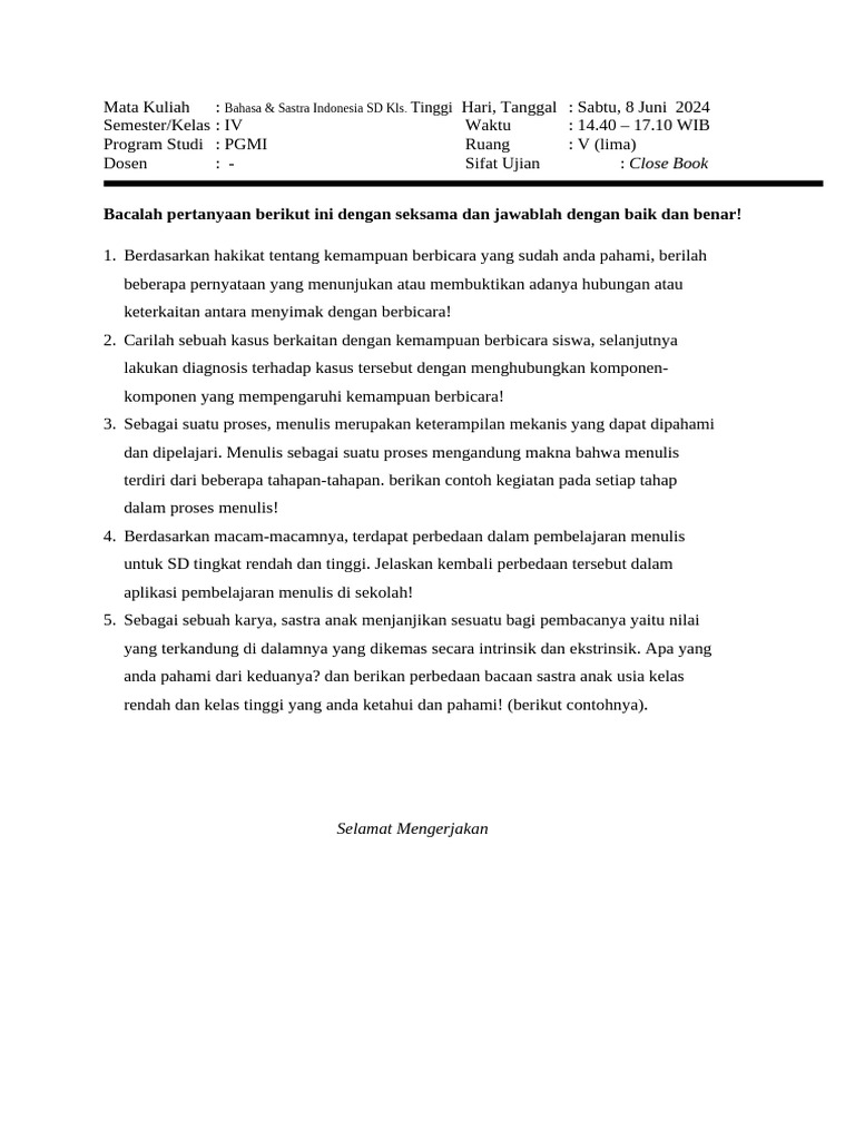 Soal Bahasa & Sastra Indonesia | PDF