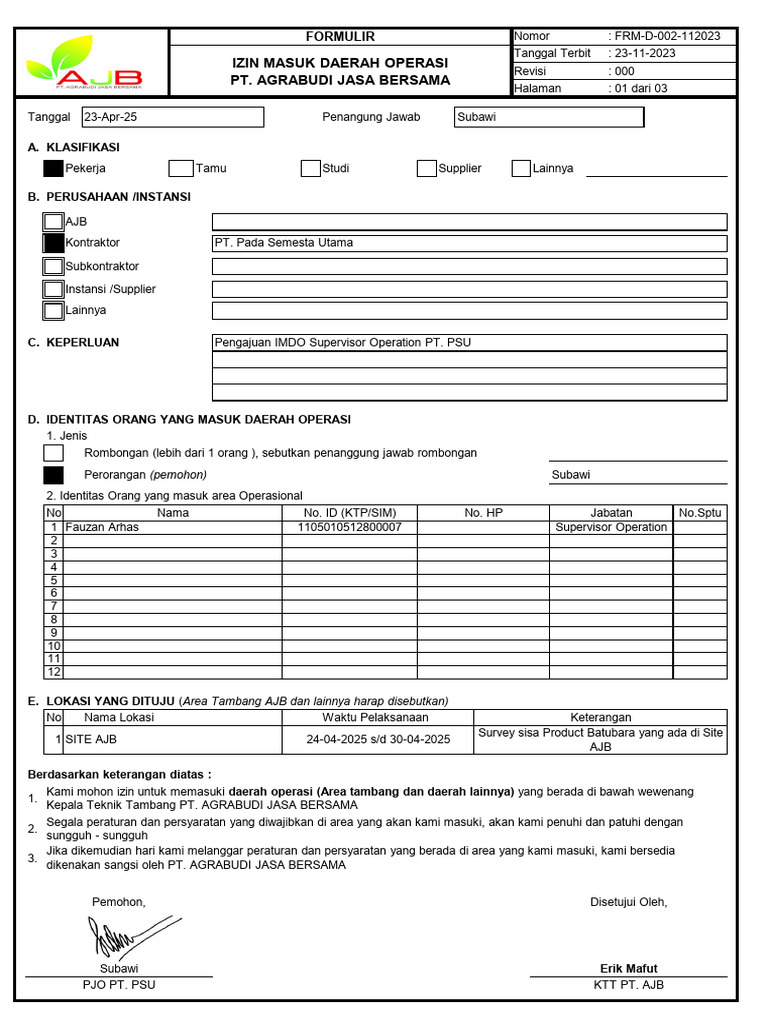 AJB-HSE-FRM-D-002-112023-Formulir IMDO Fauzan Arhas PT. PSU | PDF