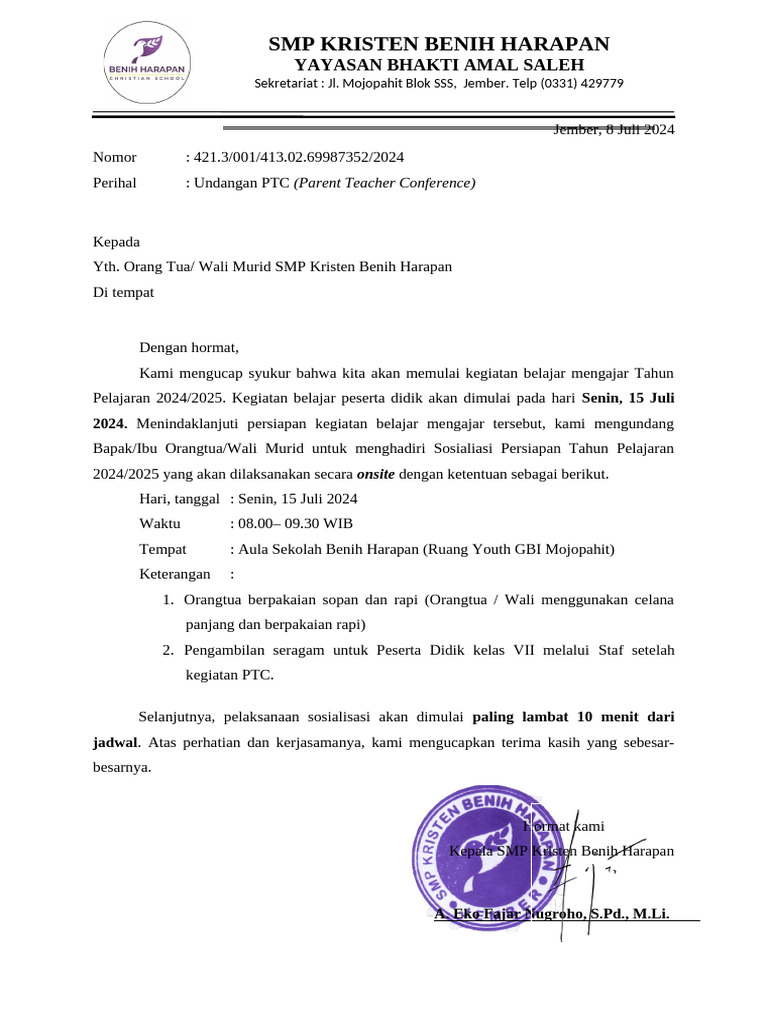 001 Surat Undangan PTC 2024-2025 | PDF