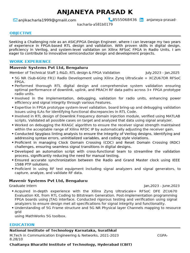 ANJANEYA PRASAD K - Resume - Design - CDC | PDF | Field Programmable Gate Array | Radio