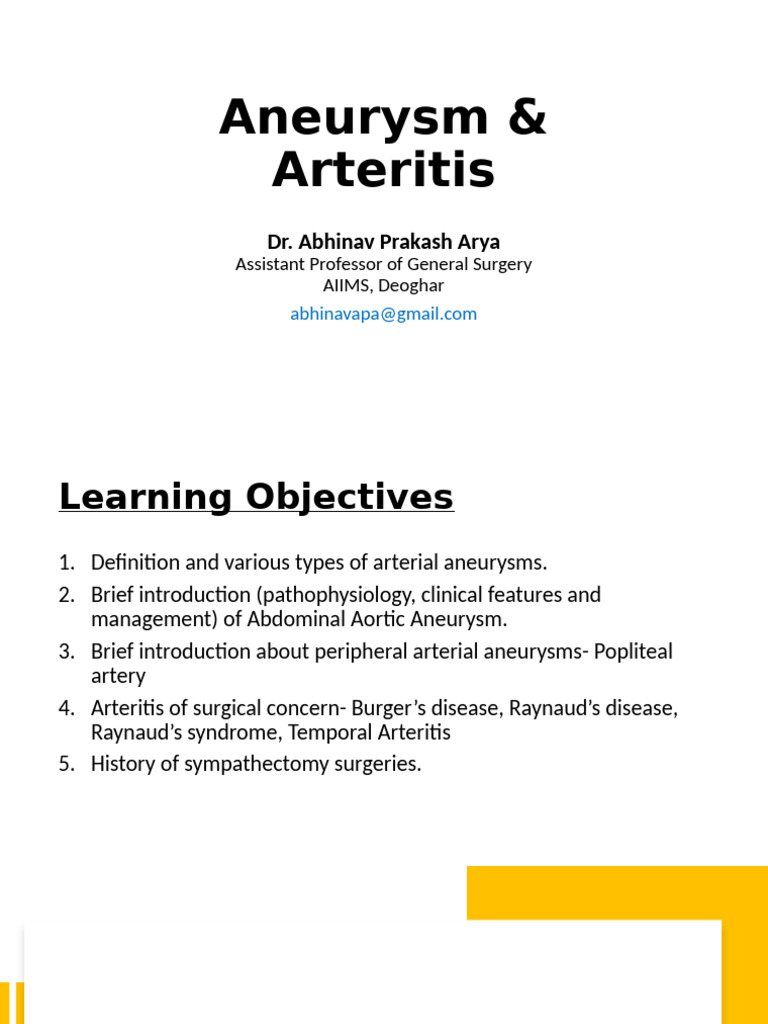Aneurysms and Arteritis Overview | PDF | Cardiovascular Diseases ...