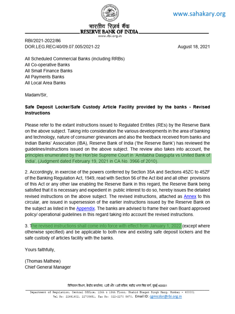Safe Deposit Locker - Revised Instructions Issued by RBI | PDF | Legal ...