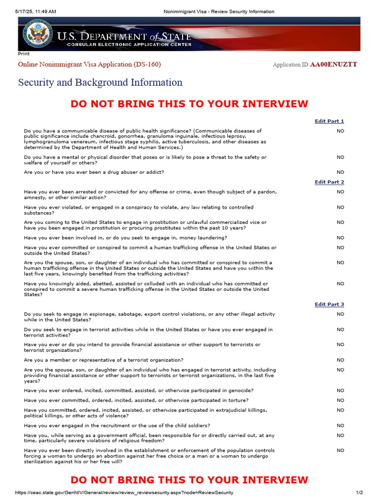Nonimmigrant Visa - Review Security Information | PDF | Citizenship Of ...