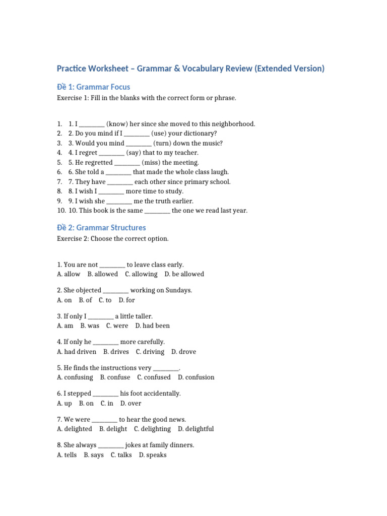 Practice Worksheet Grammar Vocab | PDF | Linguistics