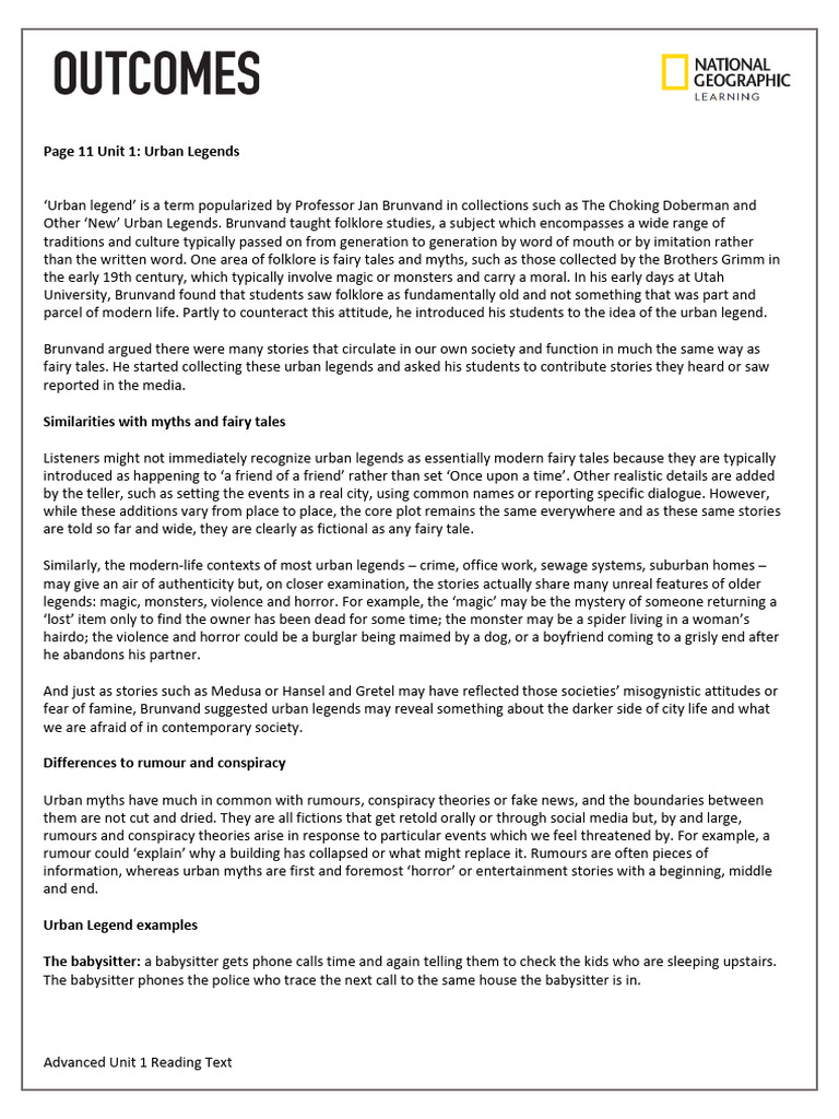 Outcomes3e Advanced StudentWorksheets ReadingText Unit01 | PDF | Legends | Fairy Tales